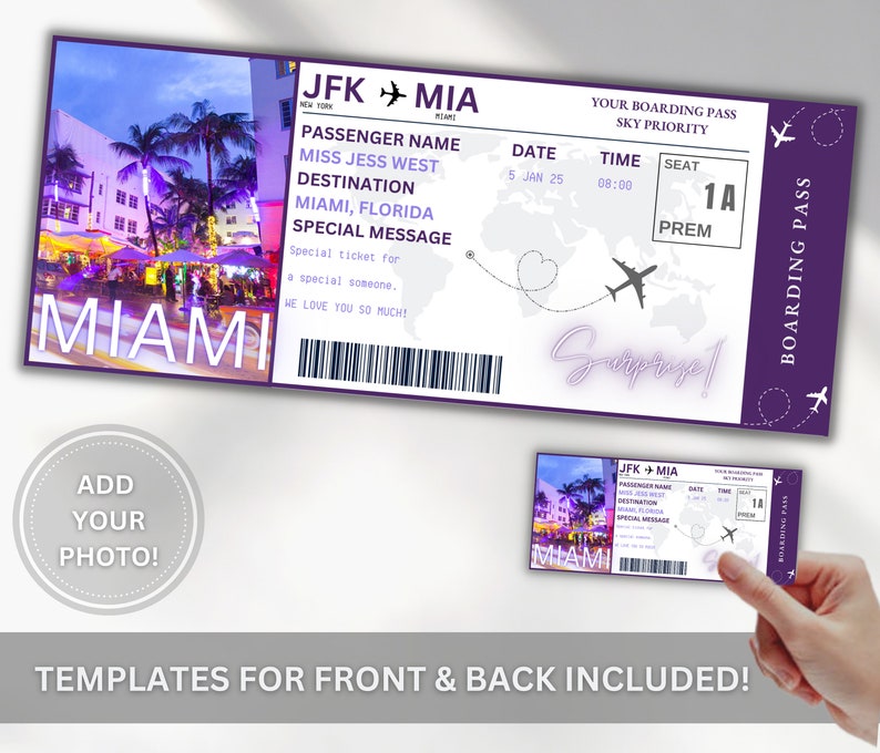 Editable Miami Boarding Pass Template, Surprise Vacation Gift (DIY ...