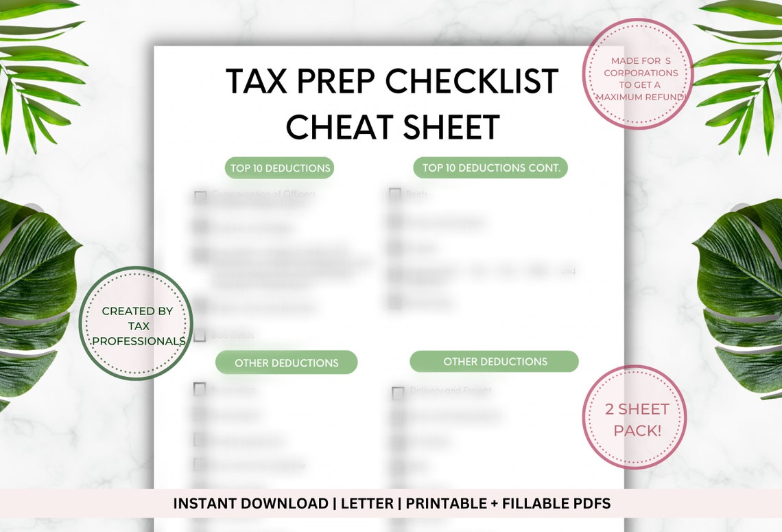 Tax Prep Checklist Tracker Printable for S Corporations, Tax Checklist ...