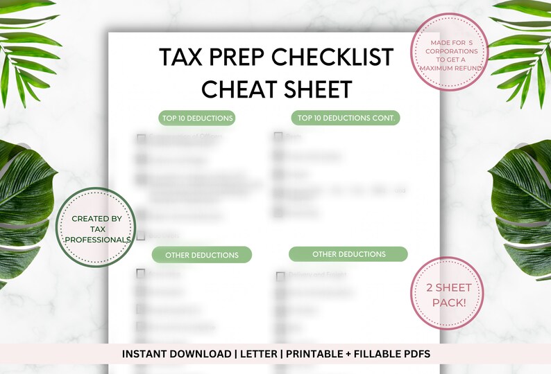 Tax Prep Checklist Tracker Printable for S Corporations, Tax Checklist ...