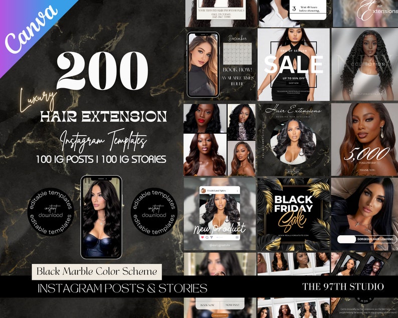 200 Instagram Template Posts for Hair Extension Business, Hair ...
