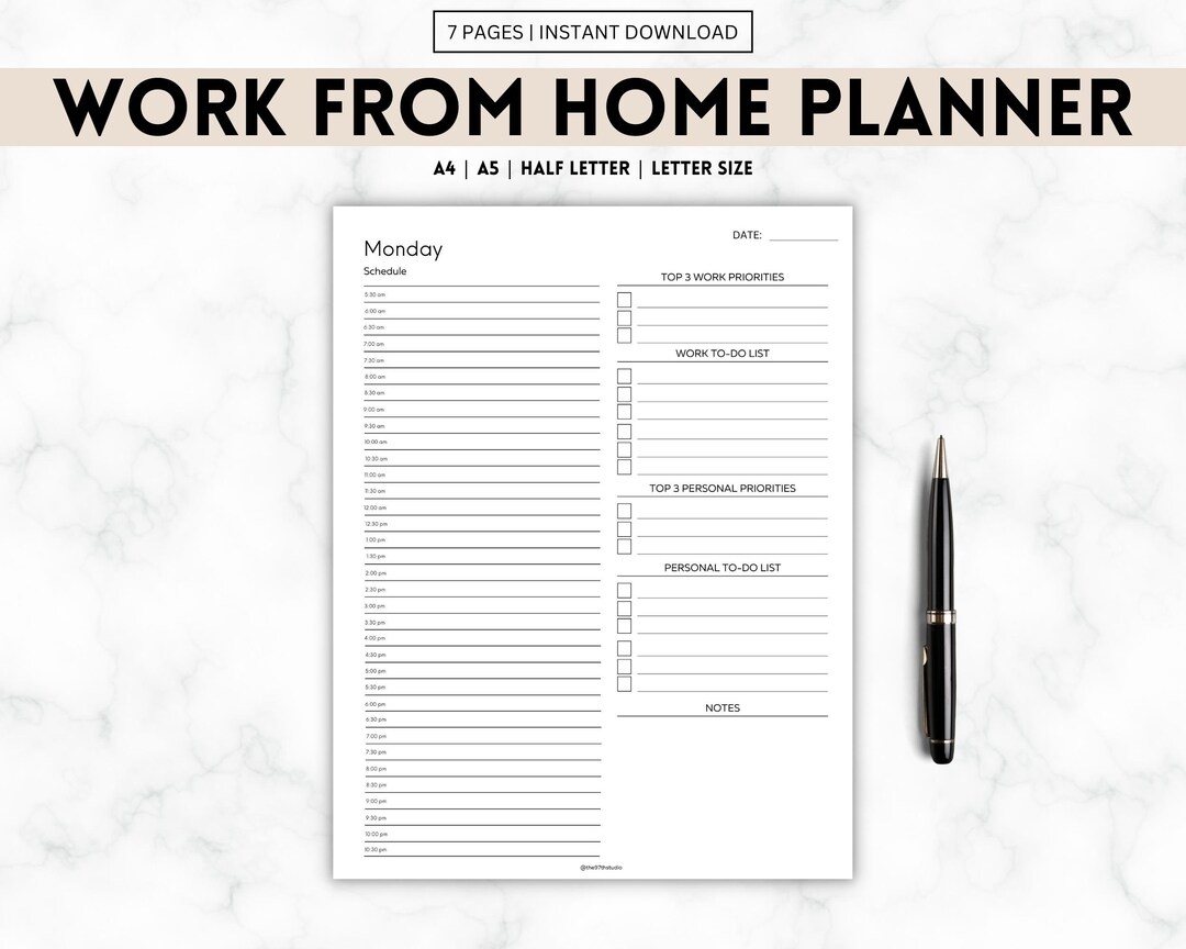 PRINTABLE Work From Home Hourly Planner,daily Planner, Office Planner ...