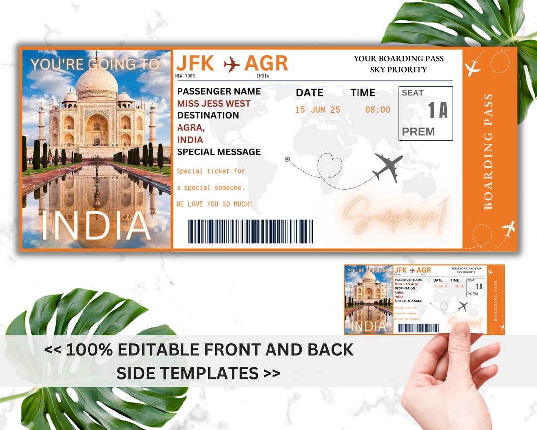 EDITABLE India Surprise Boarding Ticket Template Pass,india Canva ...