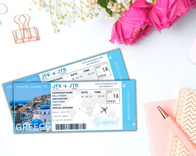 EDITABLE Greece Surprise Boarding Ticket Template Pass, Canva Boarding ...