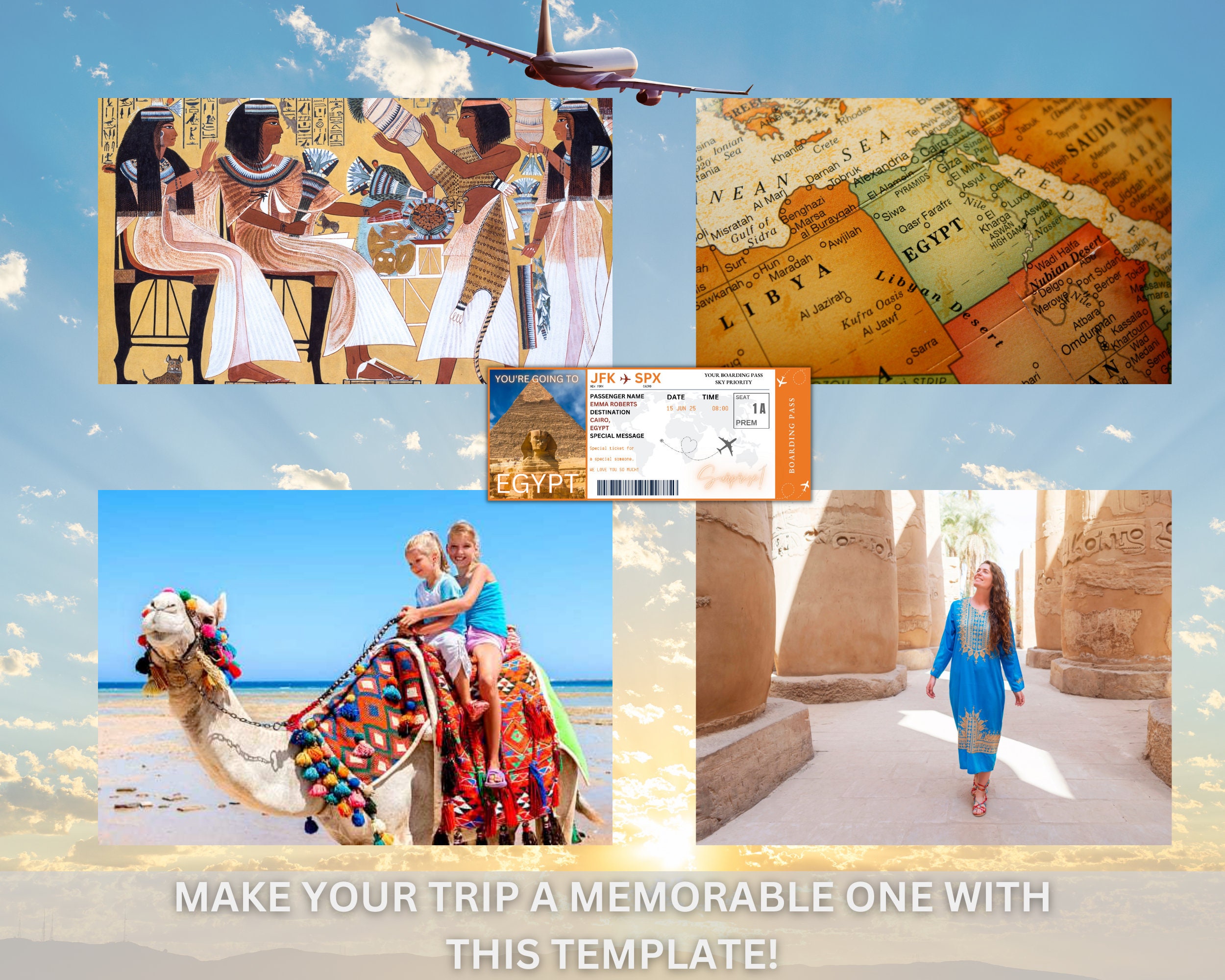 EDITABLE Egypt Surprise Boarding Ticket Template Pass, Canva Boarding ...