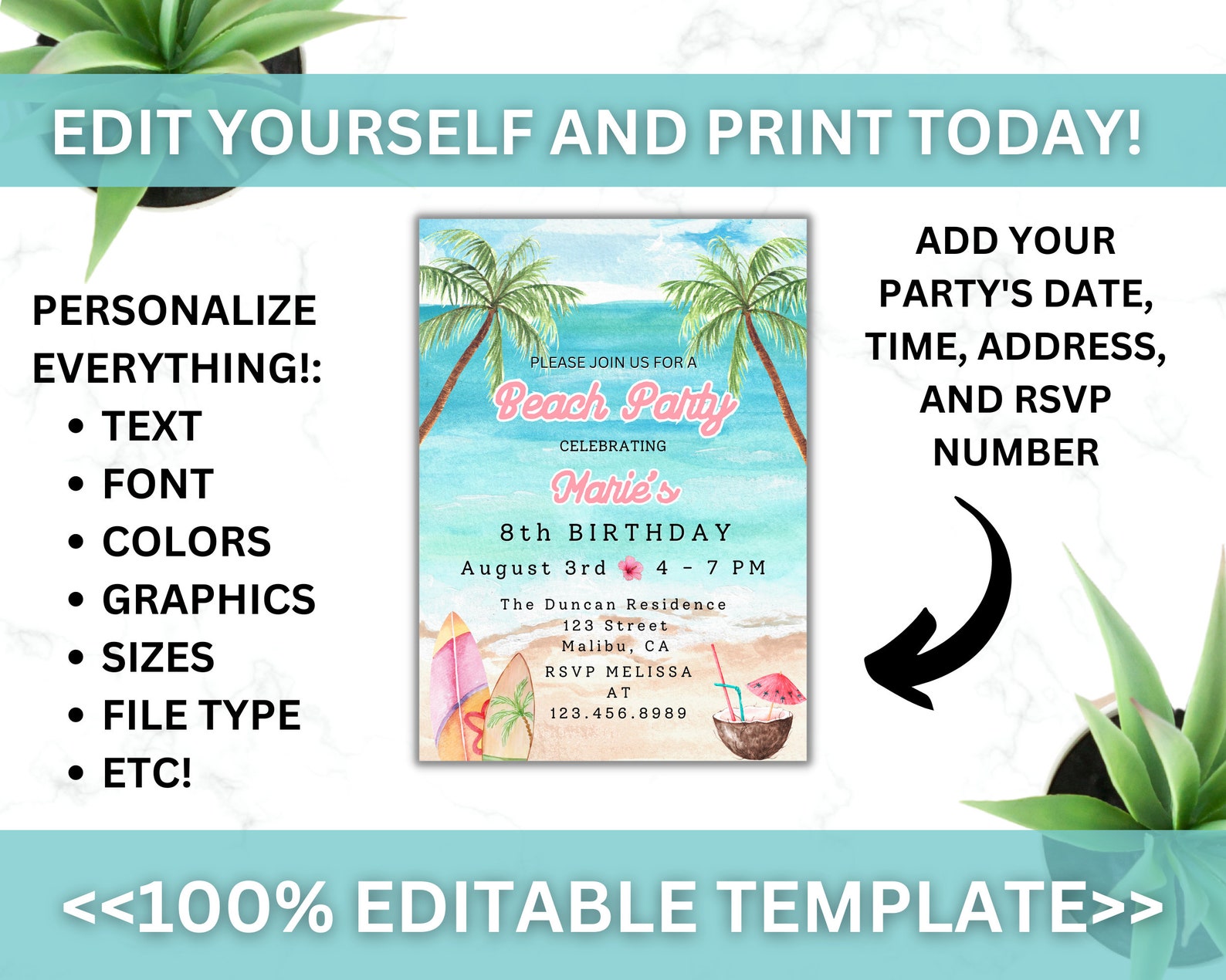 BEACH Birthday Invitation Template, Tropical Birthday Invite, Beach ...