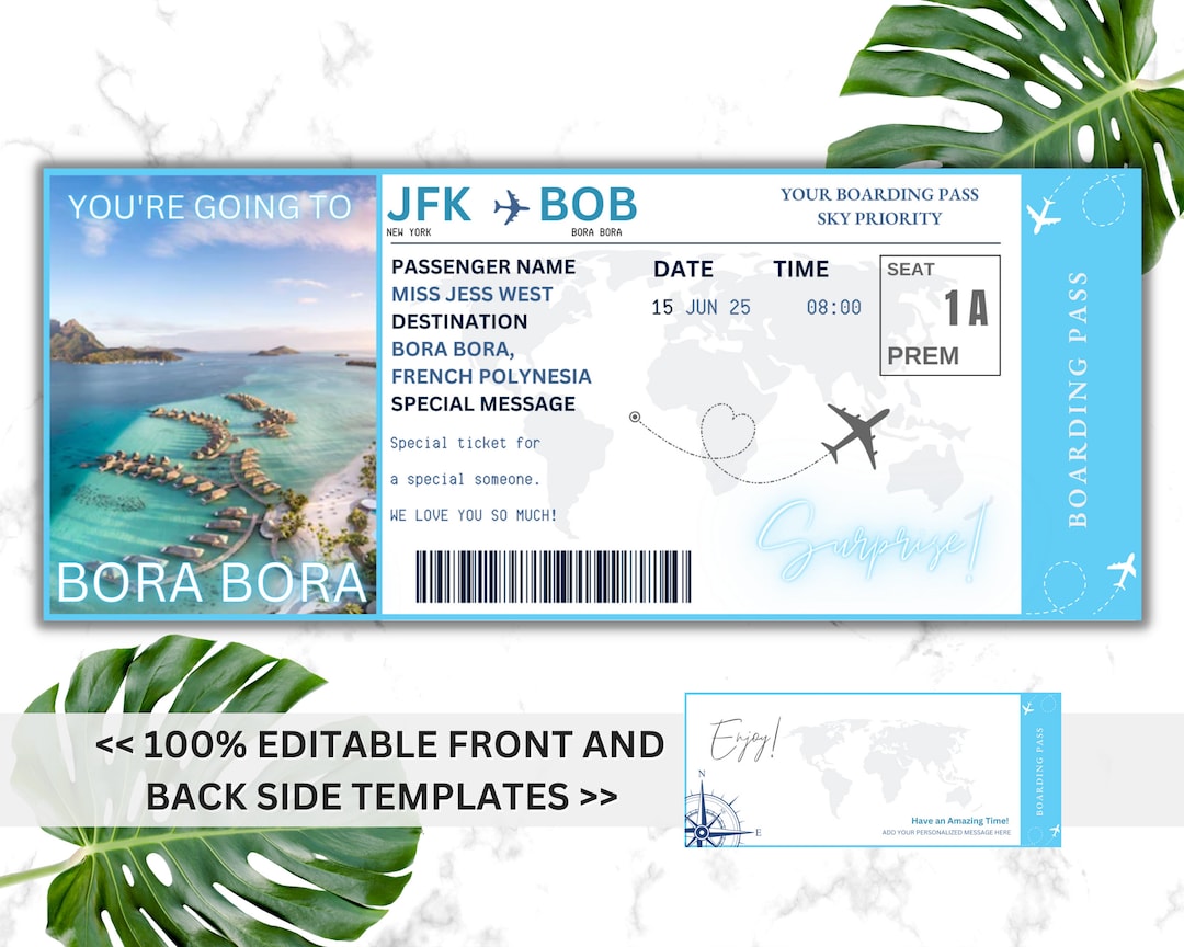 EDITABLE Bora Bora Surprise Boarding Ticket Template,canva Boarding ...