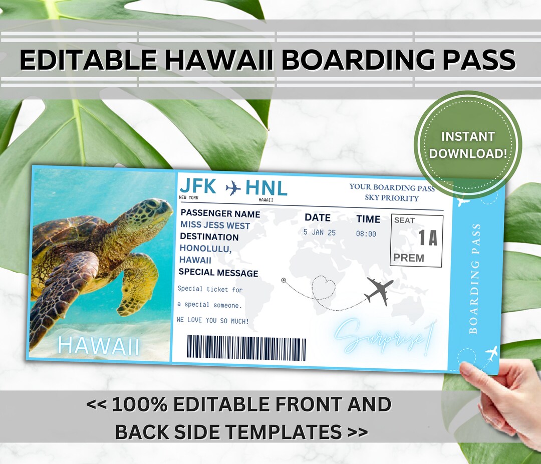 Editable Hawaii Boarding Pass Template, Surprise Vacation (digital ...