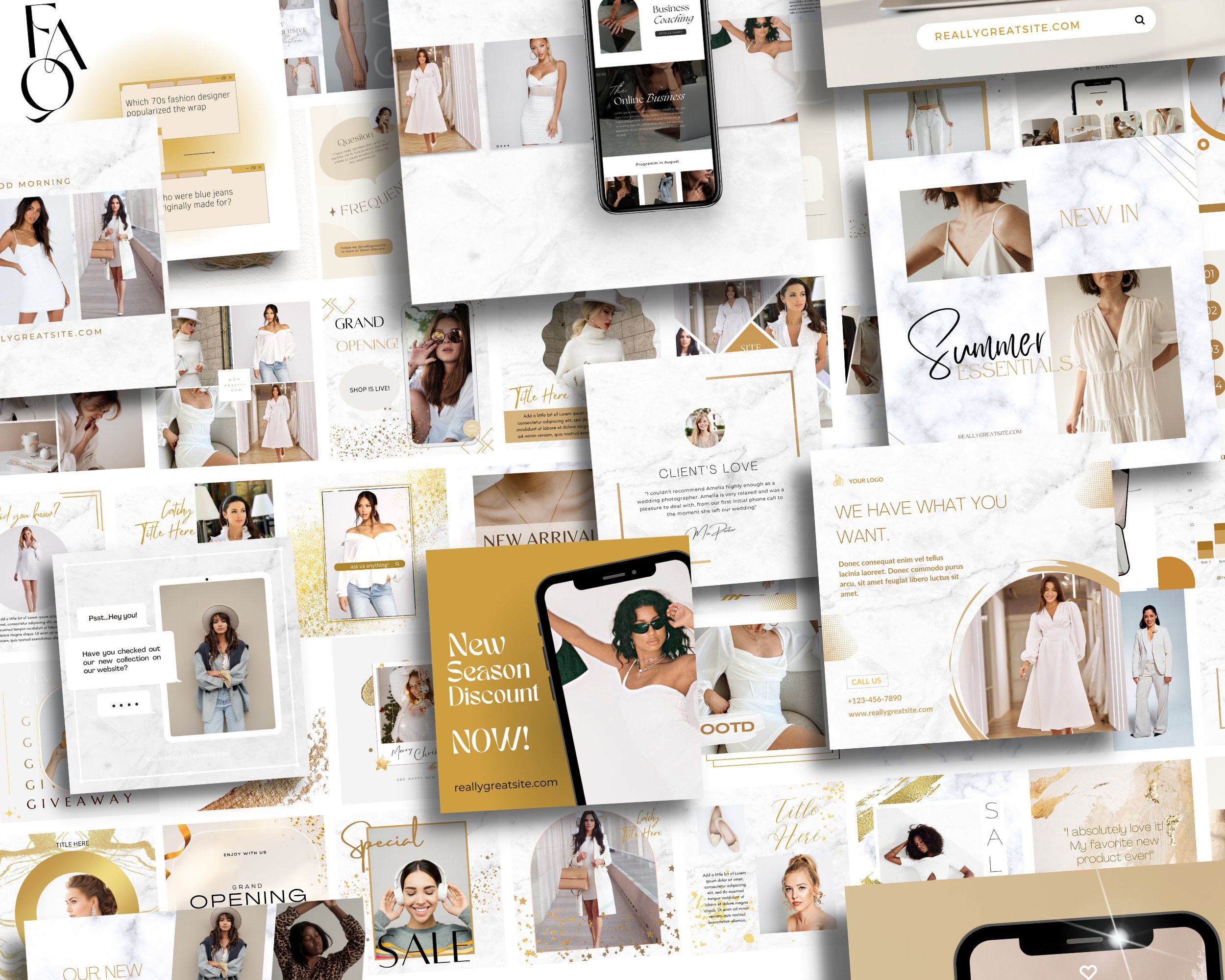 300 Instagram Social Media Templates for CANVA, White & Gold Marble ...