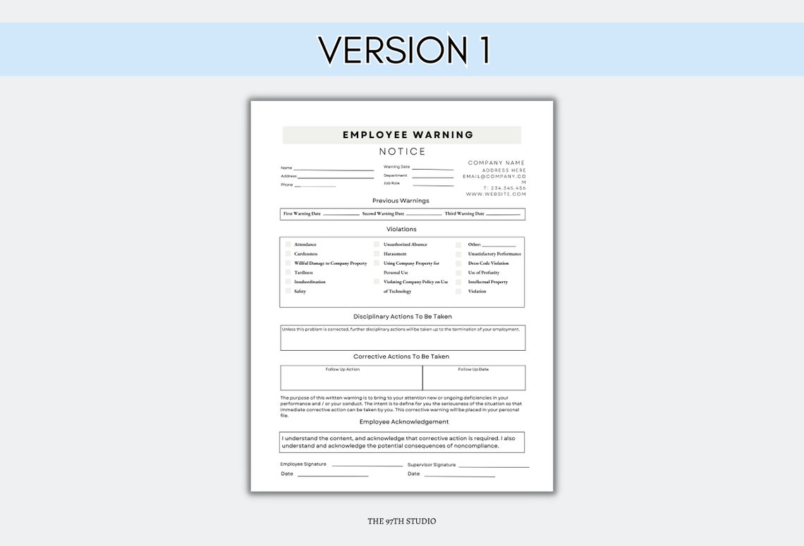 Employee Disciplinary Form, EDITABLE Warning Notice, Small Business ...