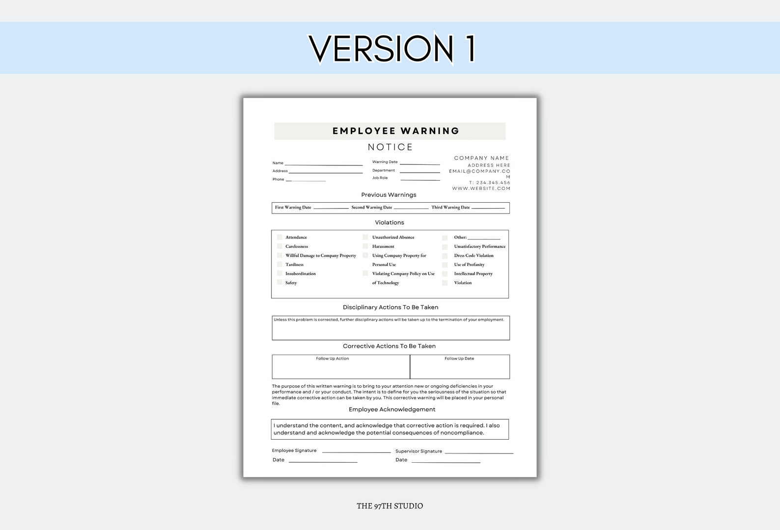 Employee Disciplinary Form, EDITABLE Warning Notice, Small Business ...