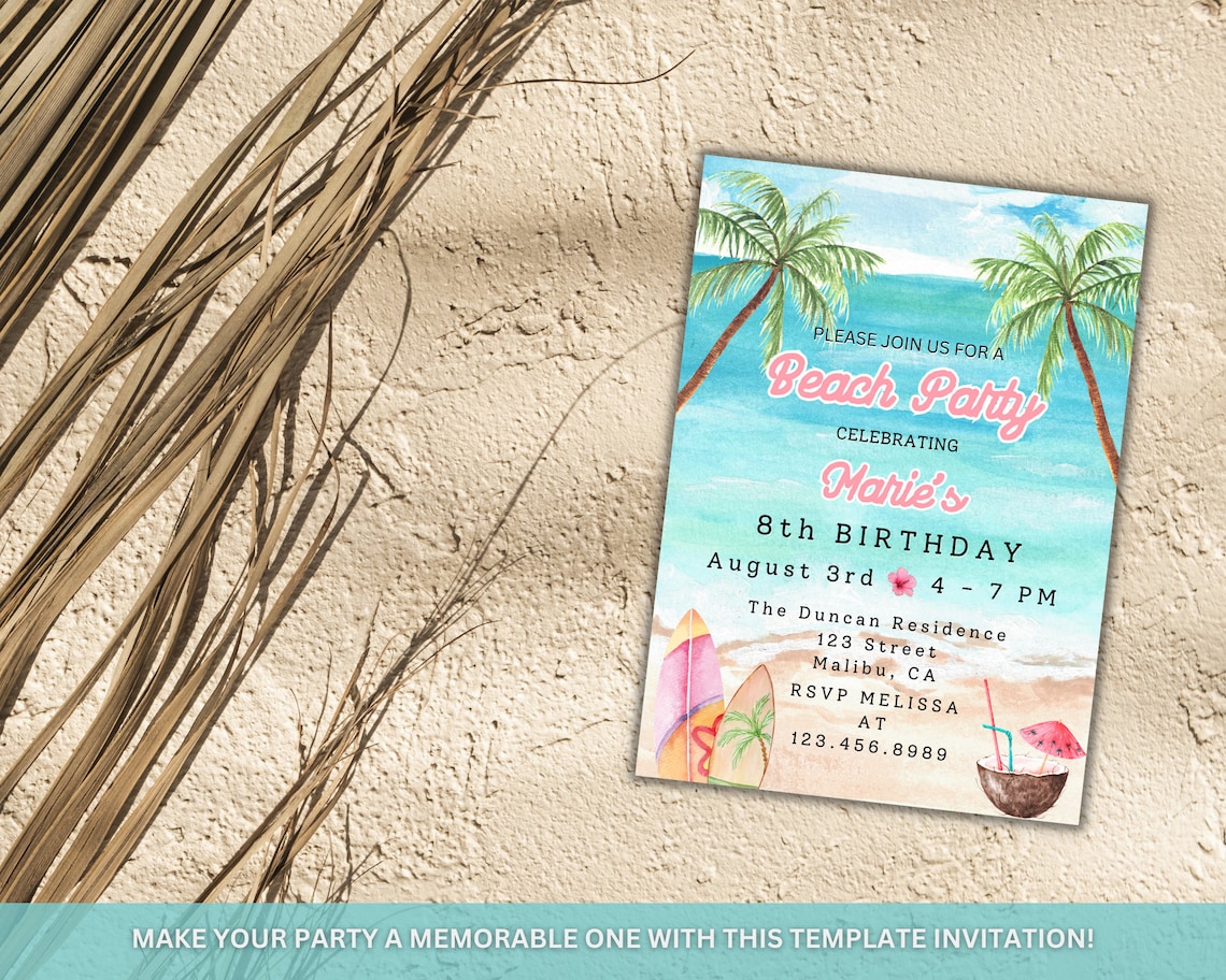 BEACH Birthday Invitation Template, Tropical Birthday Invite, Beach ...
