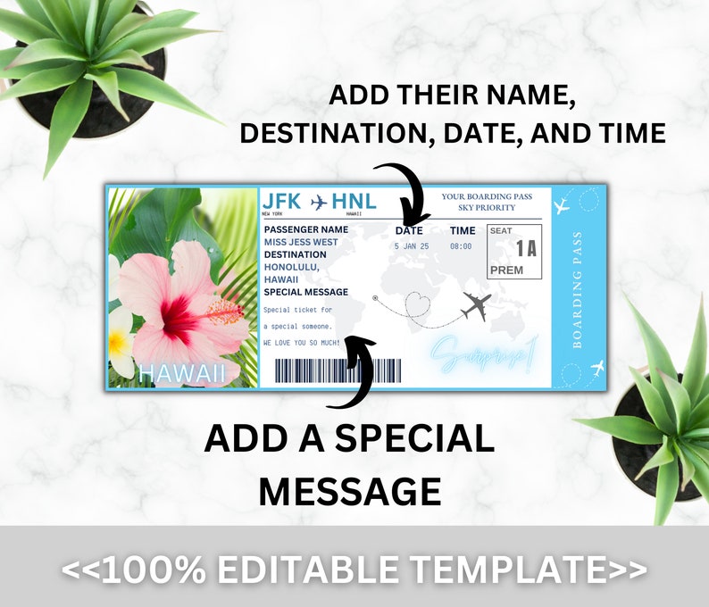 EDITABLE Hawaii Surprise Boarding Ticket Template Canva - Etsy