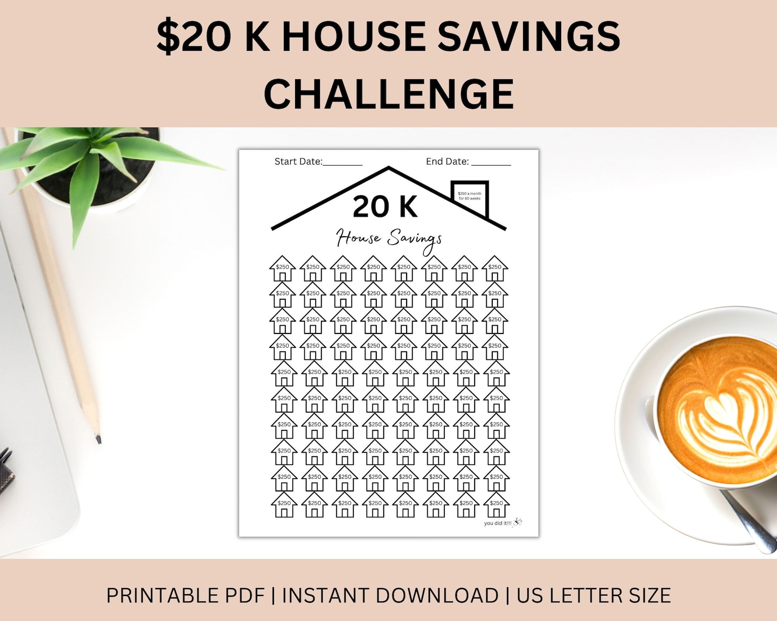 20 K House Savings Challenge House Savings Tracker Down - Etsy