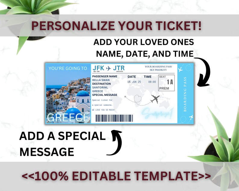 EDITABLE Greece Surprise Boarding Ticket Template Pass Canva - Etsy