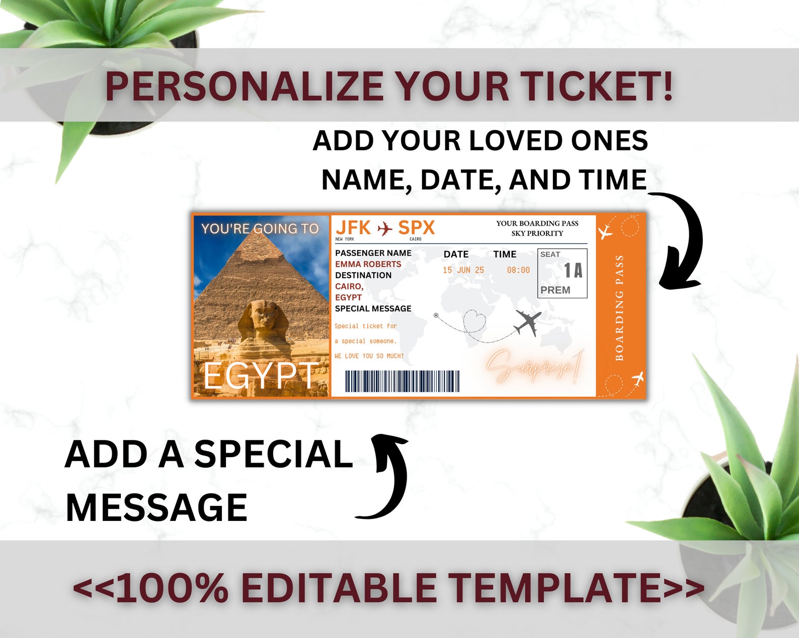 EDITABLE Egypt Surprise Boarding Ticket Template Pass, Canva Boarding ...
