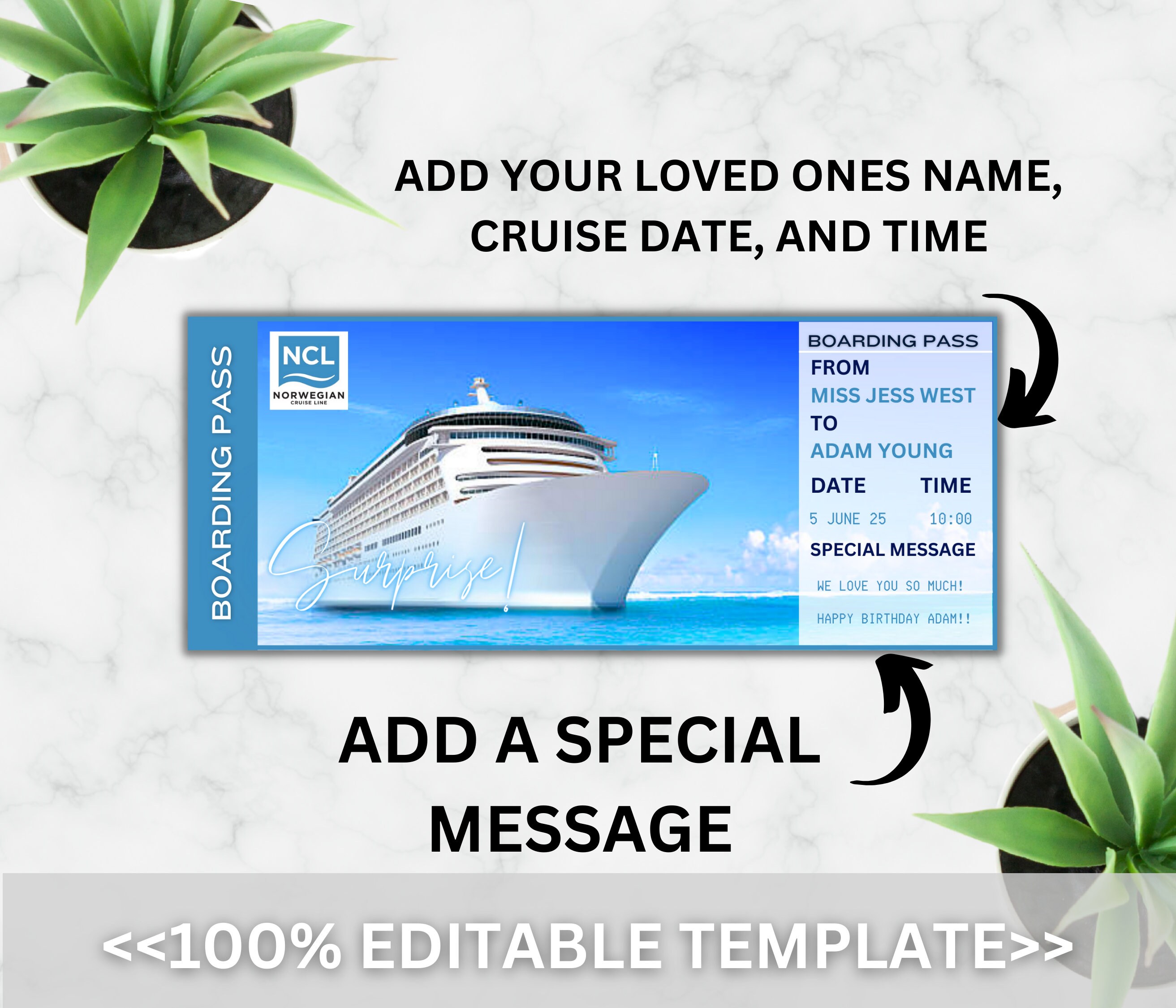 EDITABLE Surprise Norwegian Cruise Boarding Ticket Template, Canva ...