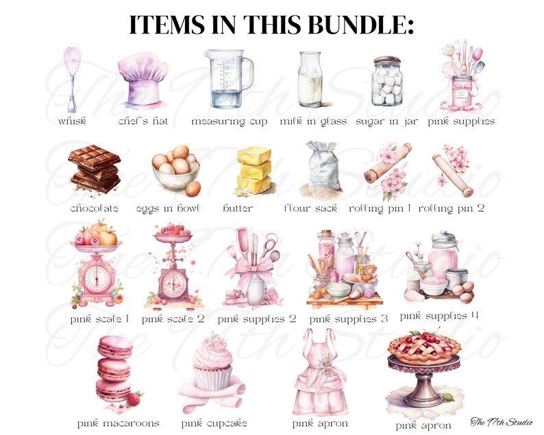 Kawaii Watercolor Bakery Clipart Bundle, Hand Drawn Bakery Pngs, Pink ...