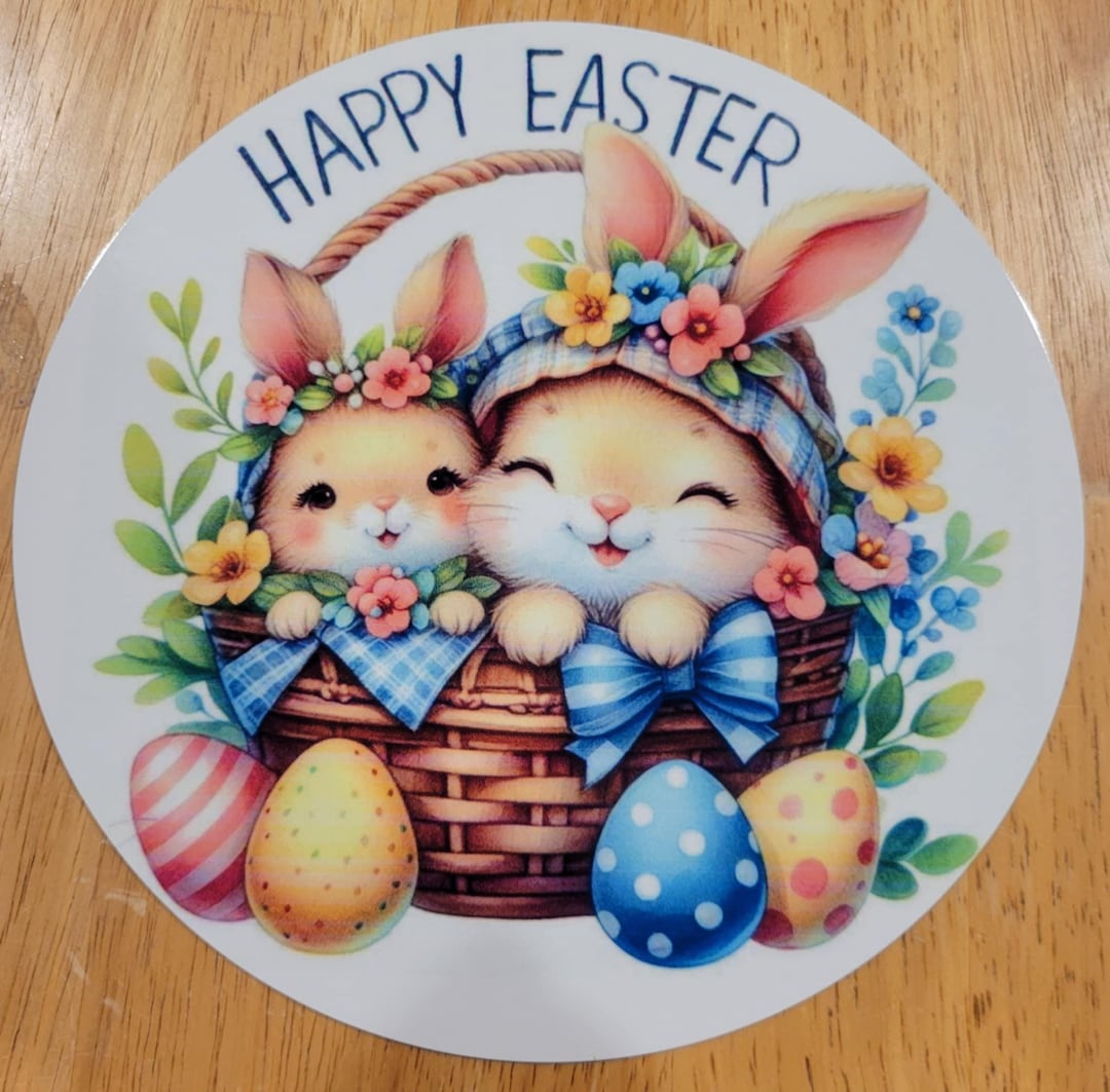 8" Round Aluminum Happy Easter Bunnies in Basket Sign - Etsy