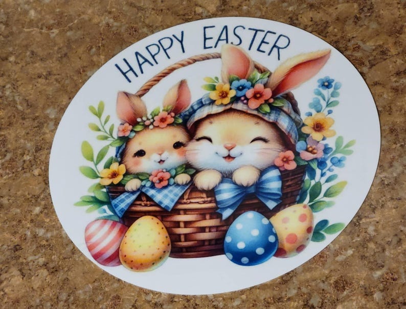 8" Round Aluminum Happy Easter Bunnies in Basket Sign - Etsy