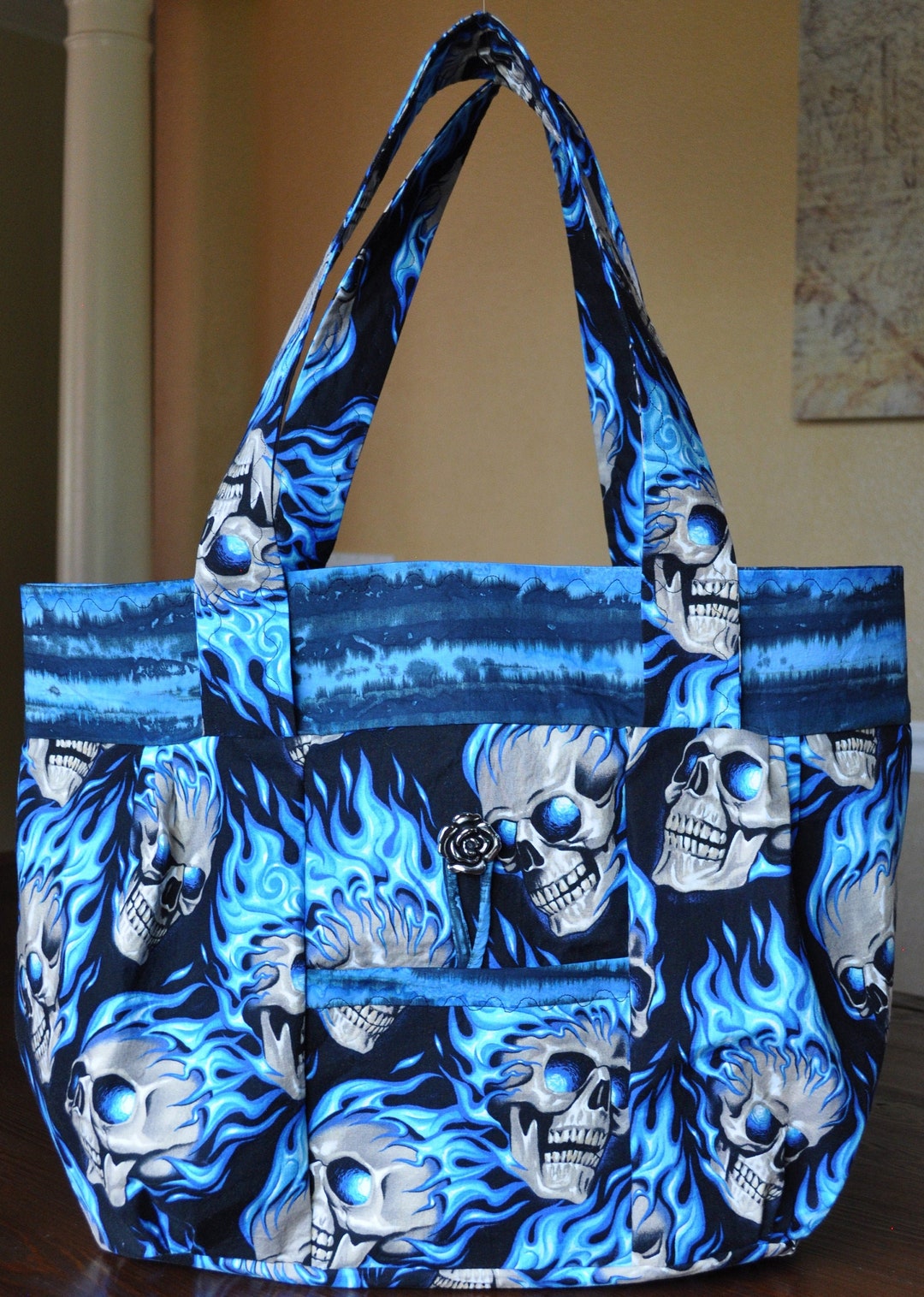 Blue Flaming Skulls and Striped Batik Bag - OOAK - Etsy