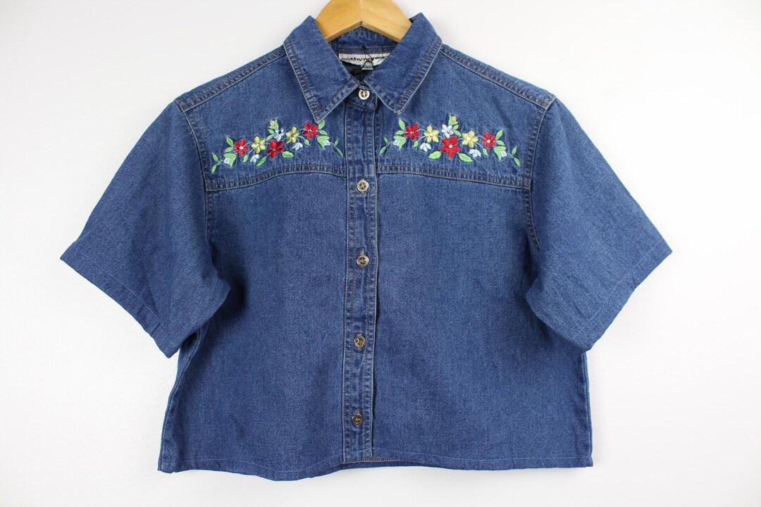 Embroidered Floral Blue Denim Cropped Vintage Short Sleeve Button up ...