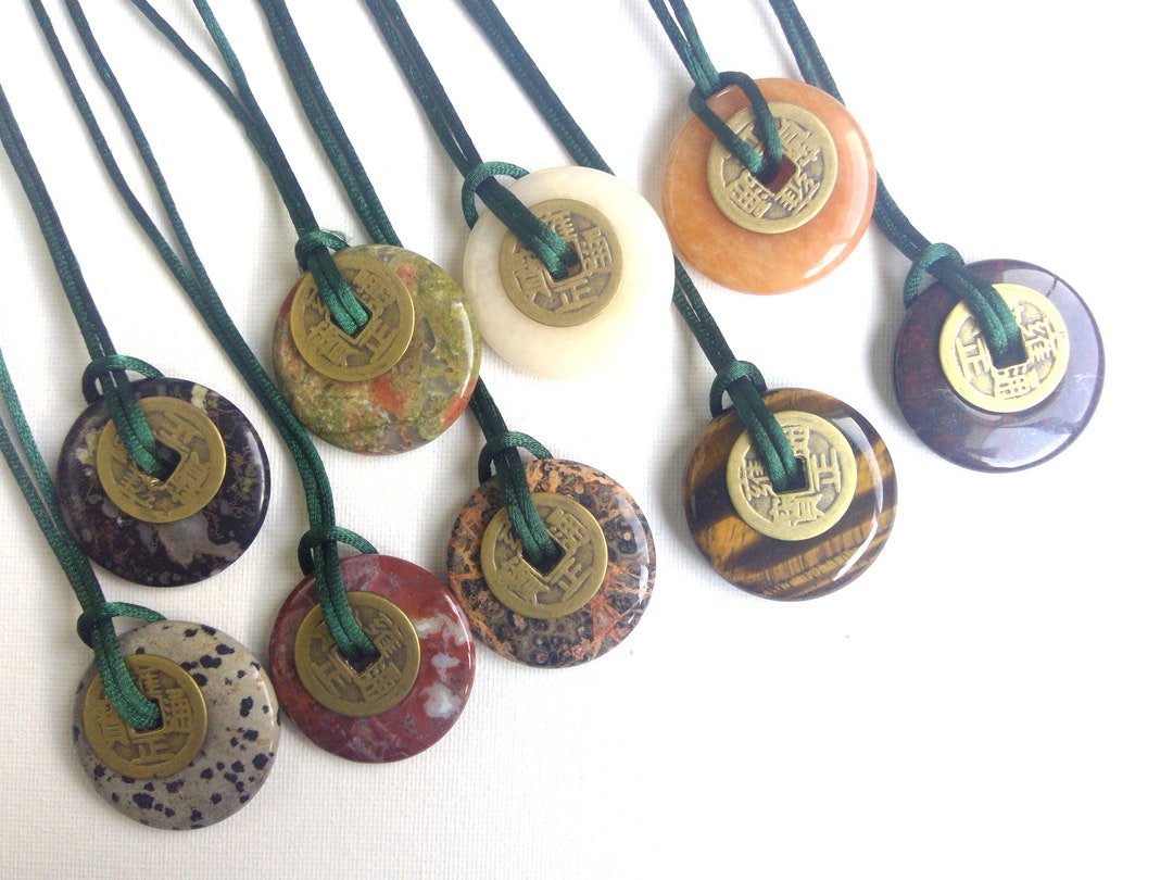 40mm Genstone Pi Stone With Coin. Green Satin Cord Necklace, 18", 20 ...