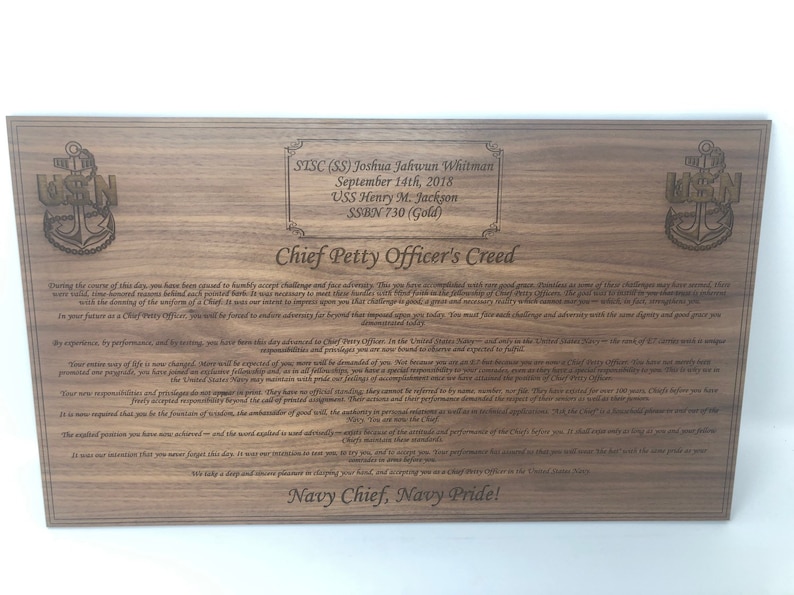 US Navy Chief Petty Officers Creed Plaque CPO Initiation Season ...