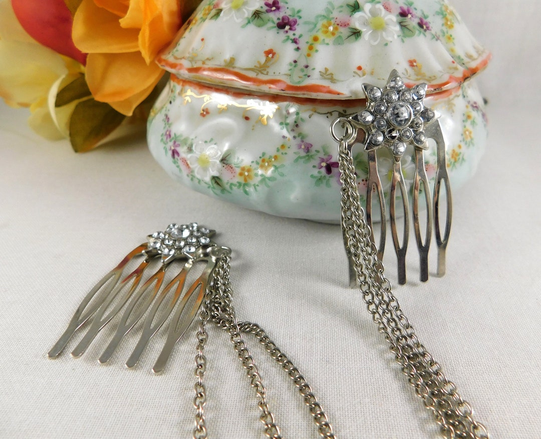 Pair of Sparkling 1960's Art Deco Revival Crystal & Silver Hair Combs W ...
