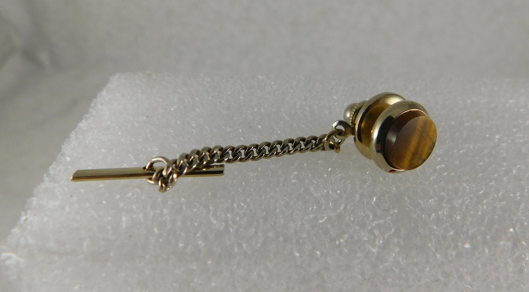 Genuine Tiger Eye Tie Tack W/14kt Gold Overlay, 1980's Gold & Tiger Eye ...