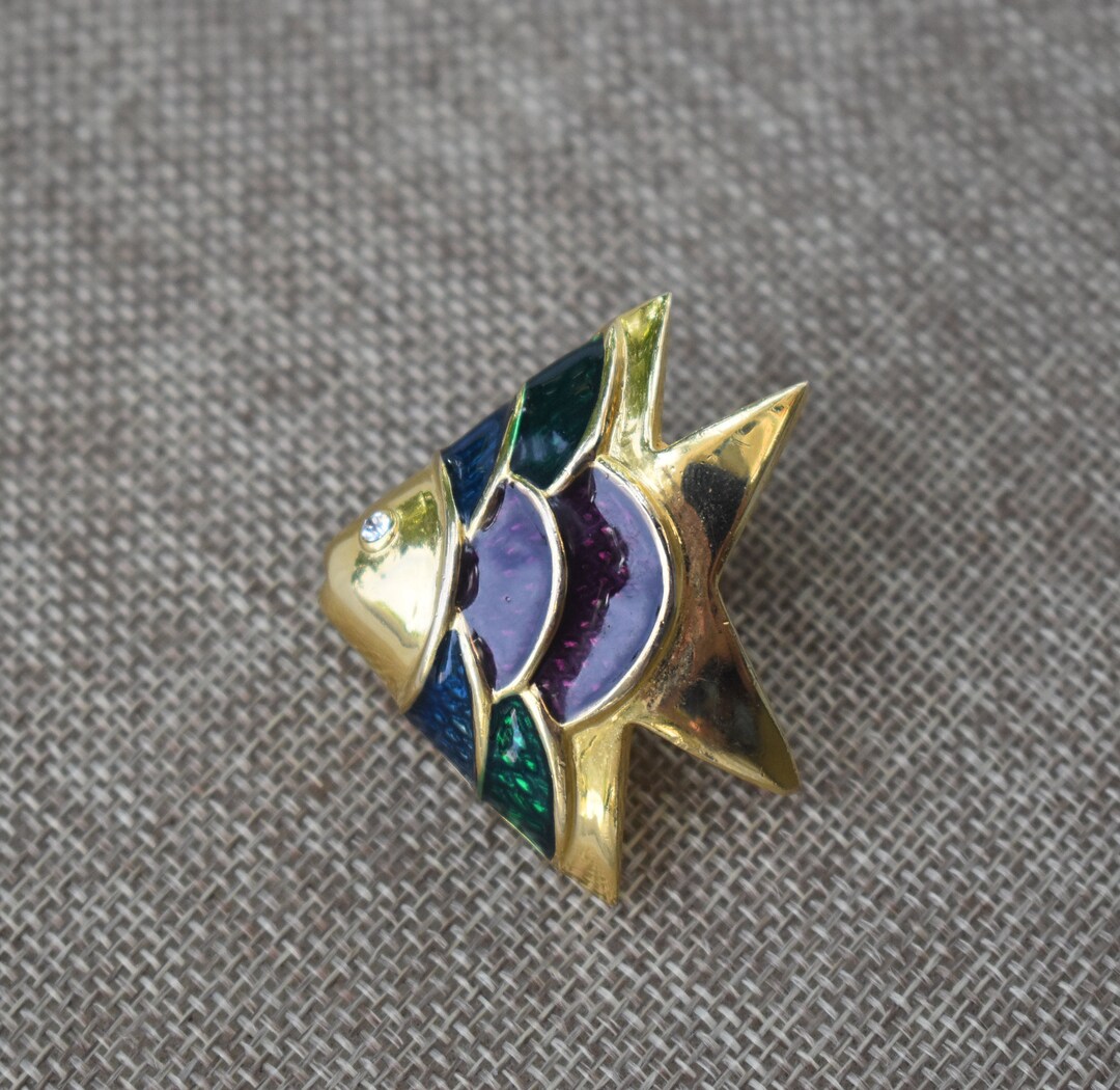 Broche poisson d'eau de mer émaillée couleur bijou avec oeil en cristal ...