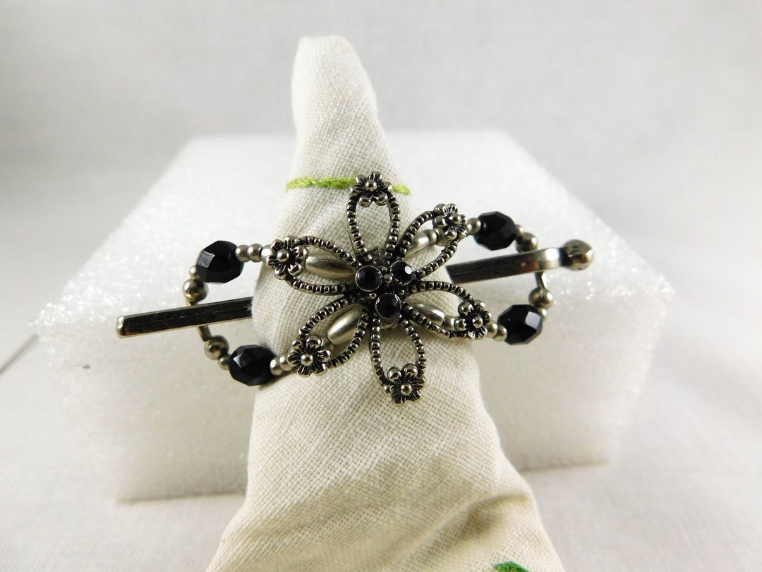 Vintage Irose Black & Silver Floral Bar Style Hair Clip, Rhinestones ...