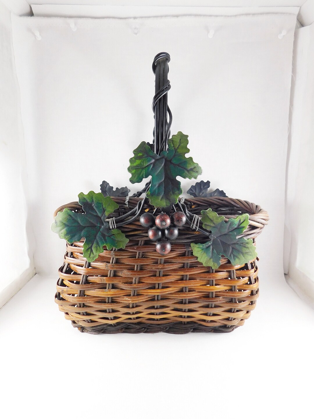 Woven Reed & Metal Basket W/purple Grapes/leaves, Wire Wrapped Handle ...