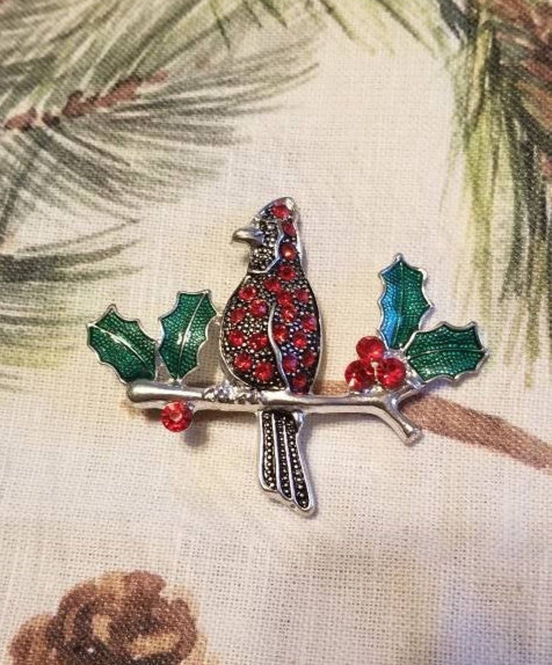 Rhinestone Studded Cardinal & Holly Branch Brooch, Christmas Brooch ...