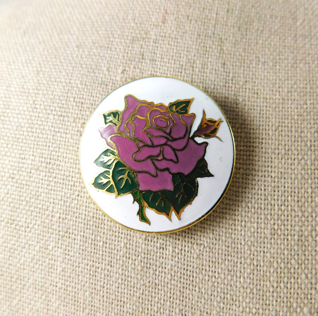 Cloisonne Like Enameled Pink Rose Pin or Brooch, Rose & Rosebud, White ...