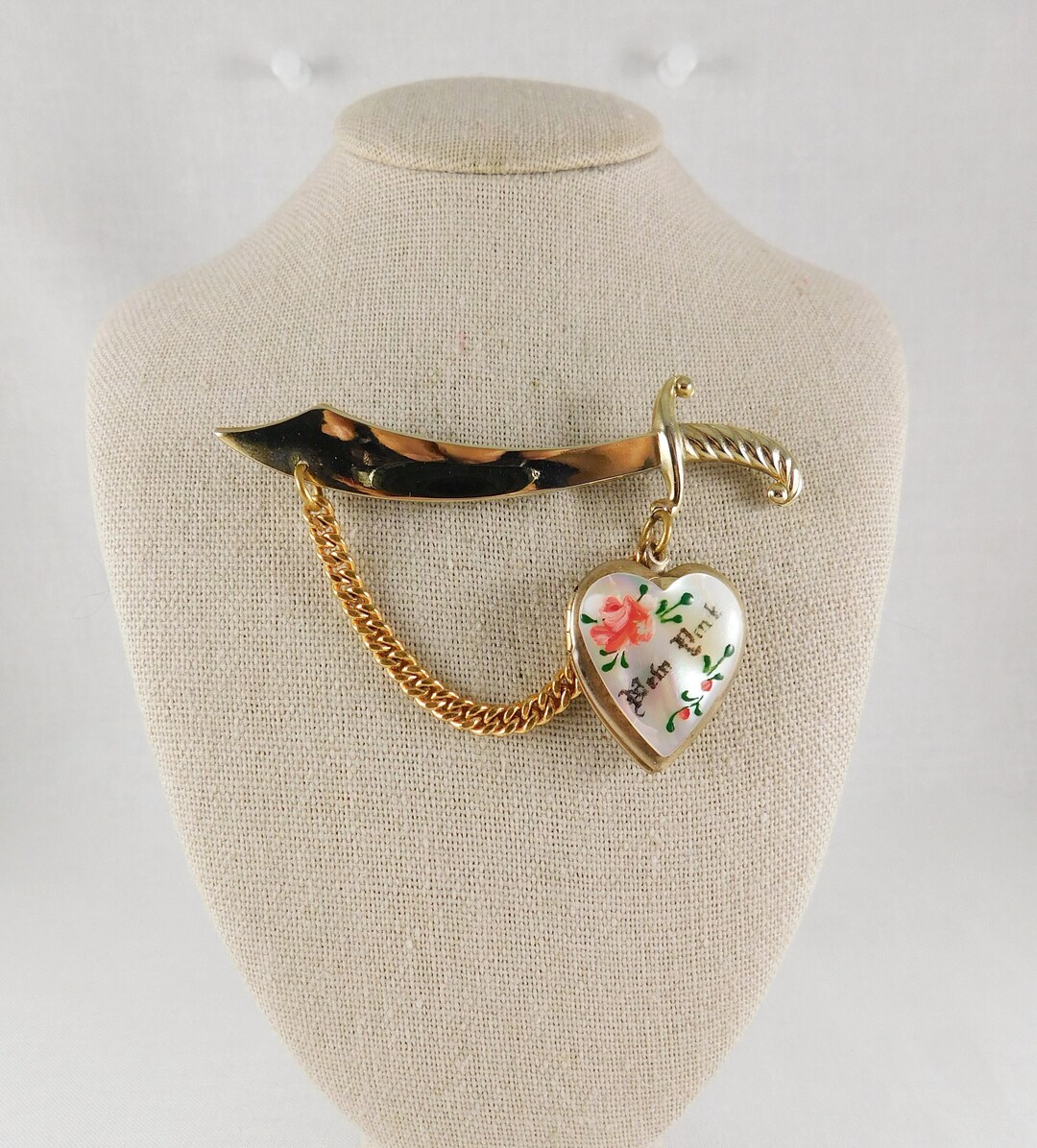 Scimitar, Chain & Heart Locket Brooch, 1980's, Gold Plate/mother of ...