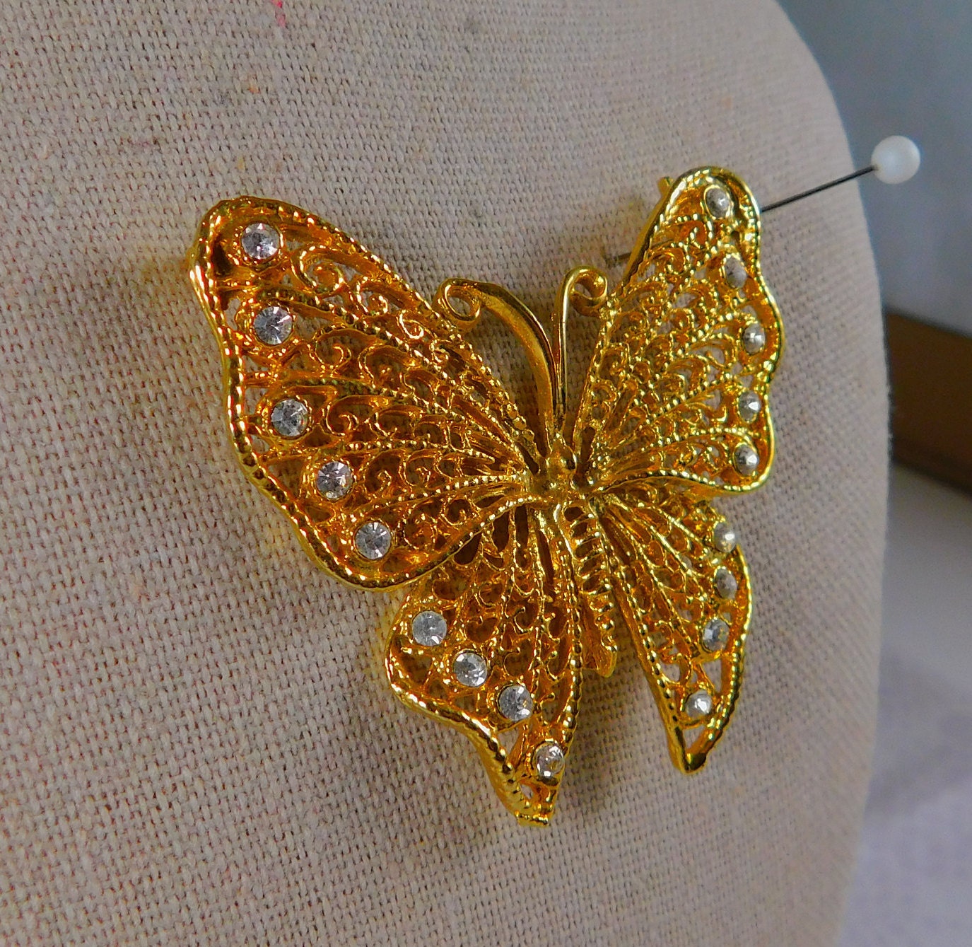 Brilliant Gold Filigree Butterfly Brooch W/crystals on Wing | Etsy