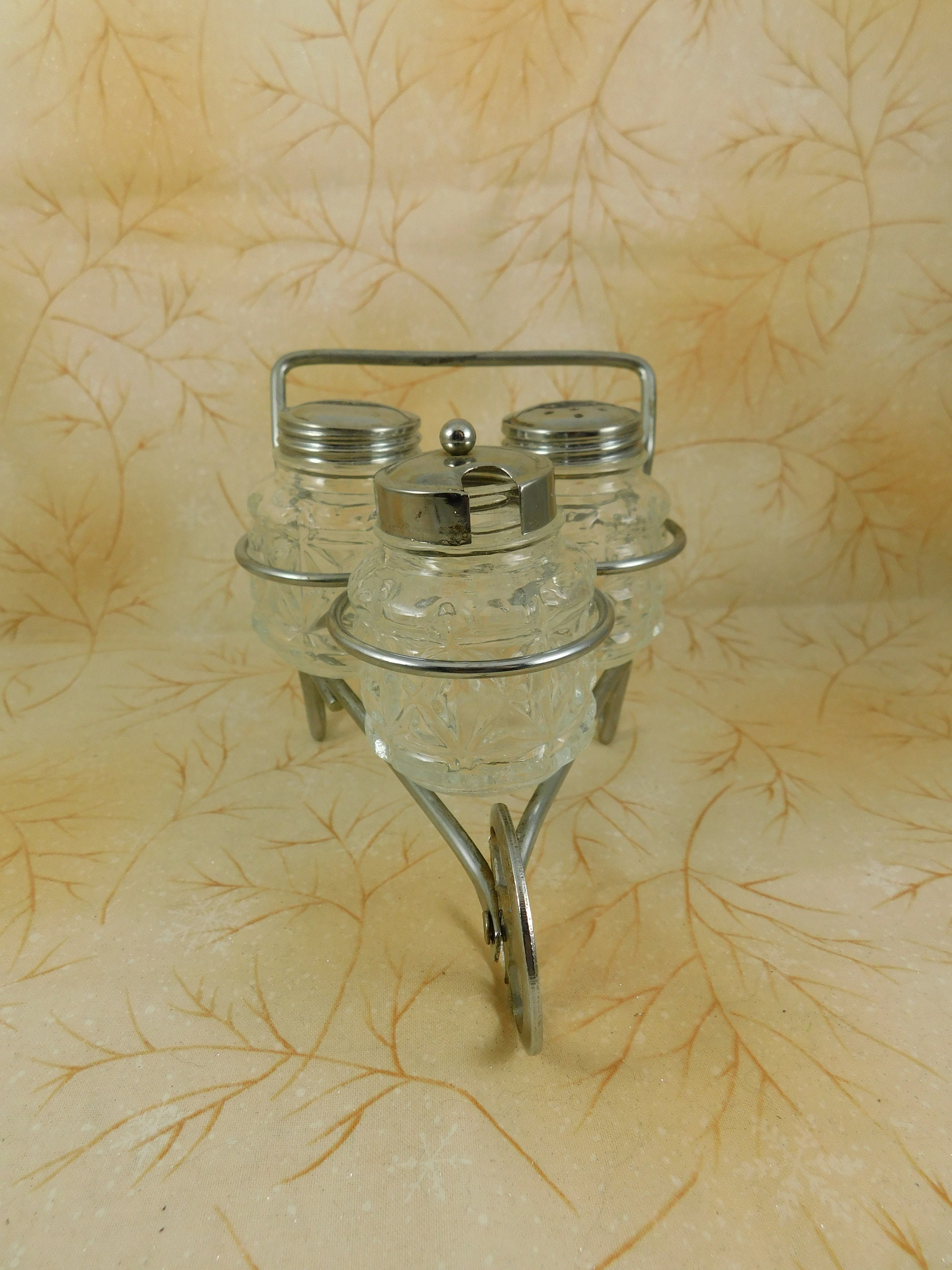 Silver Condiment Caddy Cart W/three Molded Glass Containers - Etsy