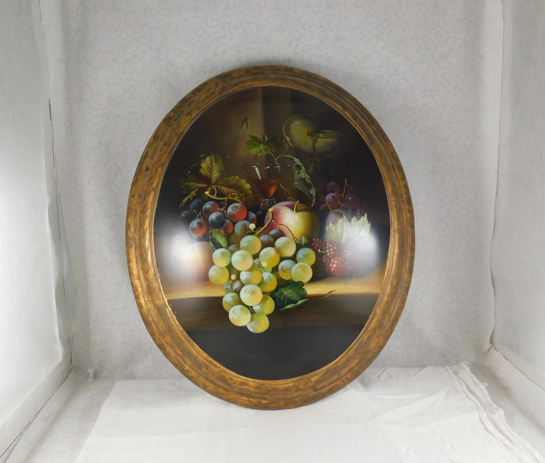 1950's Italian Oval Convex Image Still Life Painting W/grapes, Berries ...