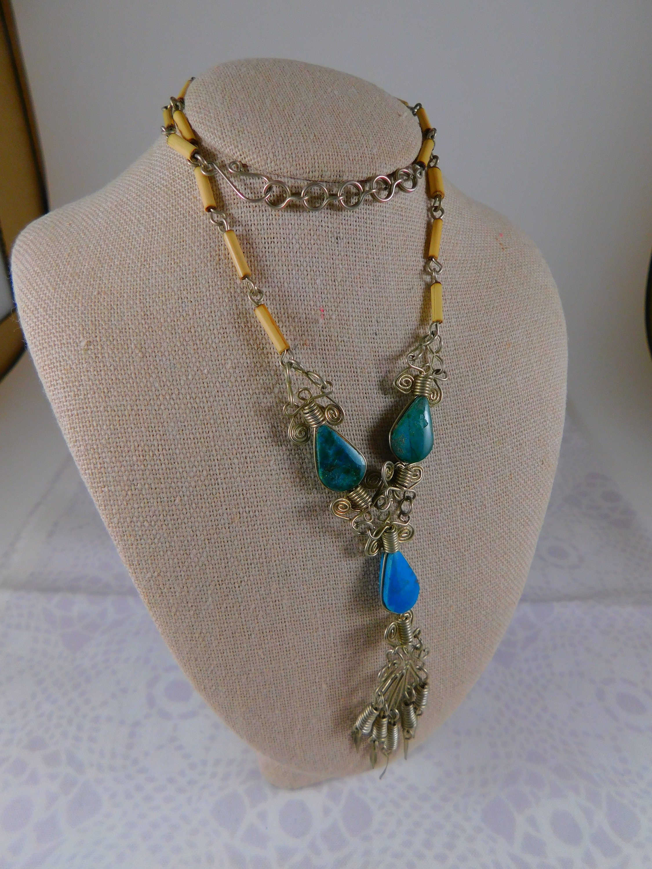 Eclectic Multi Stone & Curled Wire Drop Necklace Blue Green | Etsy