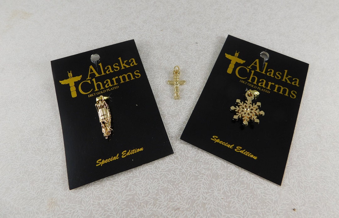 Lot of Three 18KT Gold Plated Alaska Charms-dog Sled-snowflake-totem ...