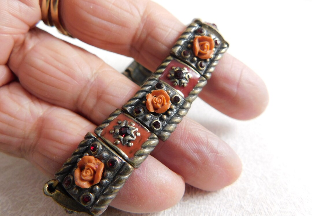 Heavy Antiqued Brass Link Bracelet W/dainty Coral Resin Roses & Red ...