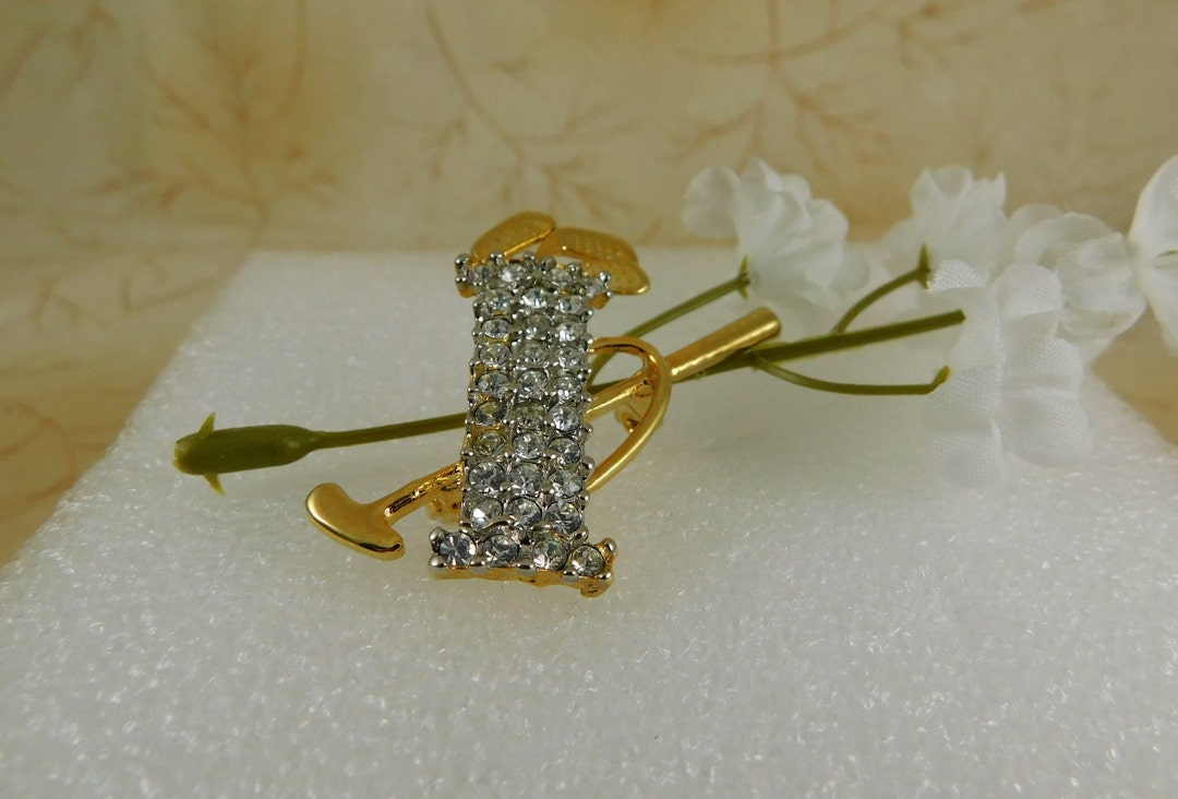 Gold Plate & Crystal Pave Golfer's Brooch, Golf Bag and Putters, Golf ...