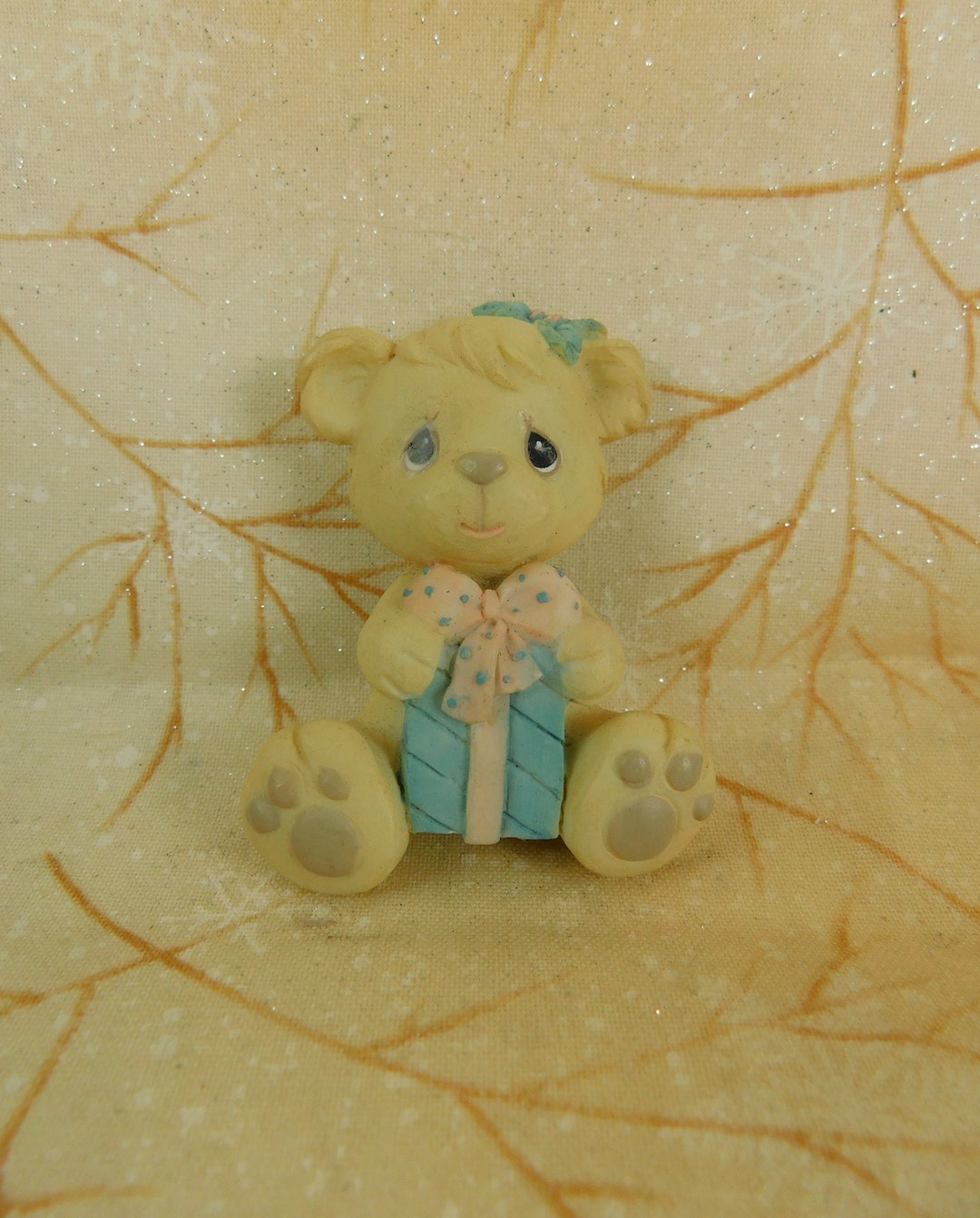 Adorable Precious Moments Teddy Bear Brooch~w/pink Polka Dot Bowtie ...