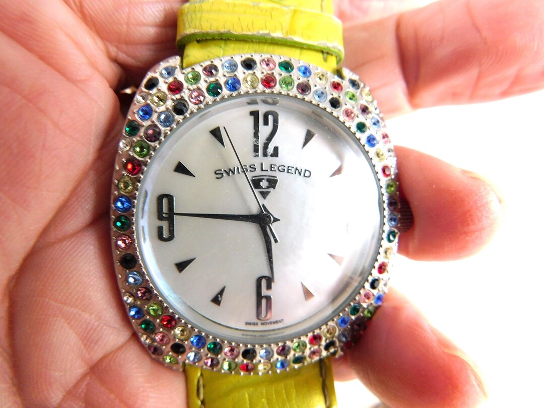 Vintage Early 2000s Swiss Legend Crystal Pave Watch: Chartreuse Leather ...