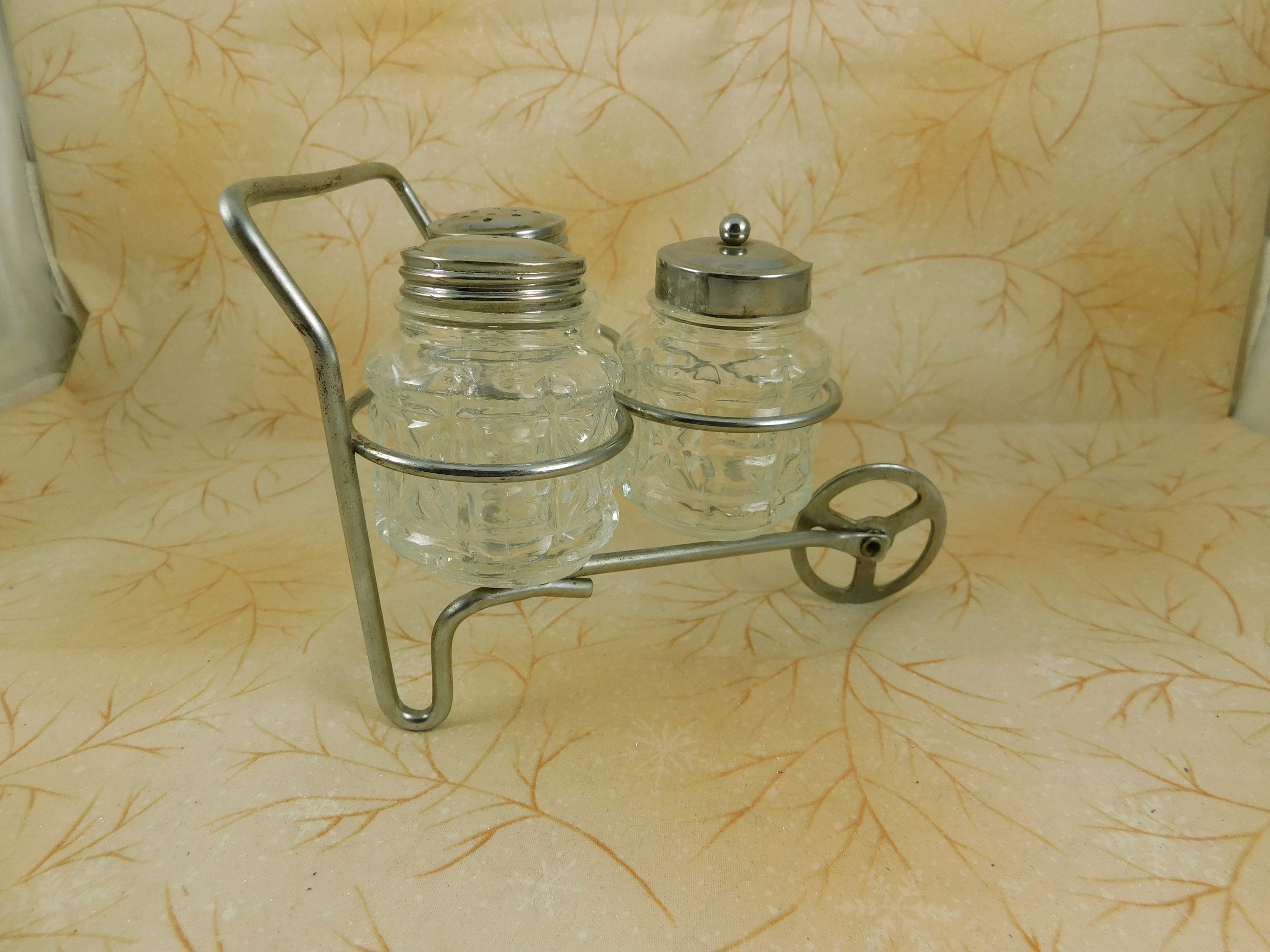 Silver Condiment Caddy Cart W/three Molded Glass Containers - Etsy