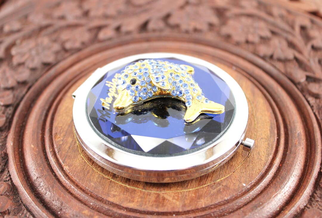 Vintage Early 2000s Silver Compact Mirror: Blue Crystal Dolphin Motif ...