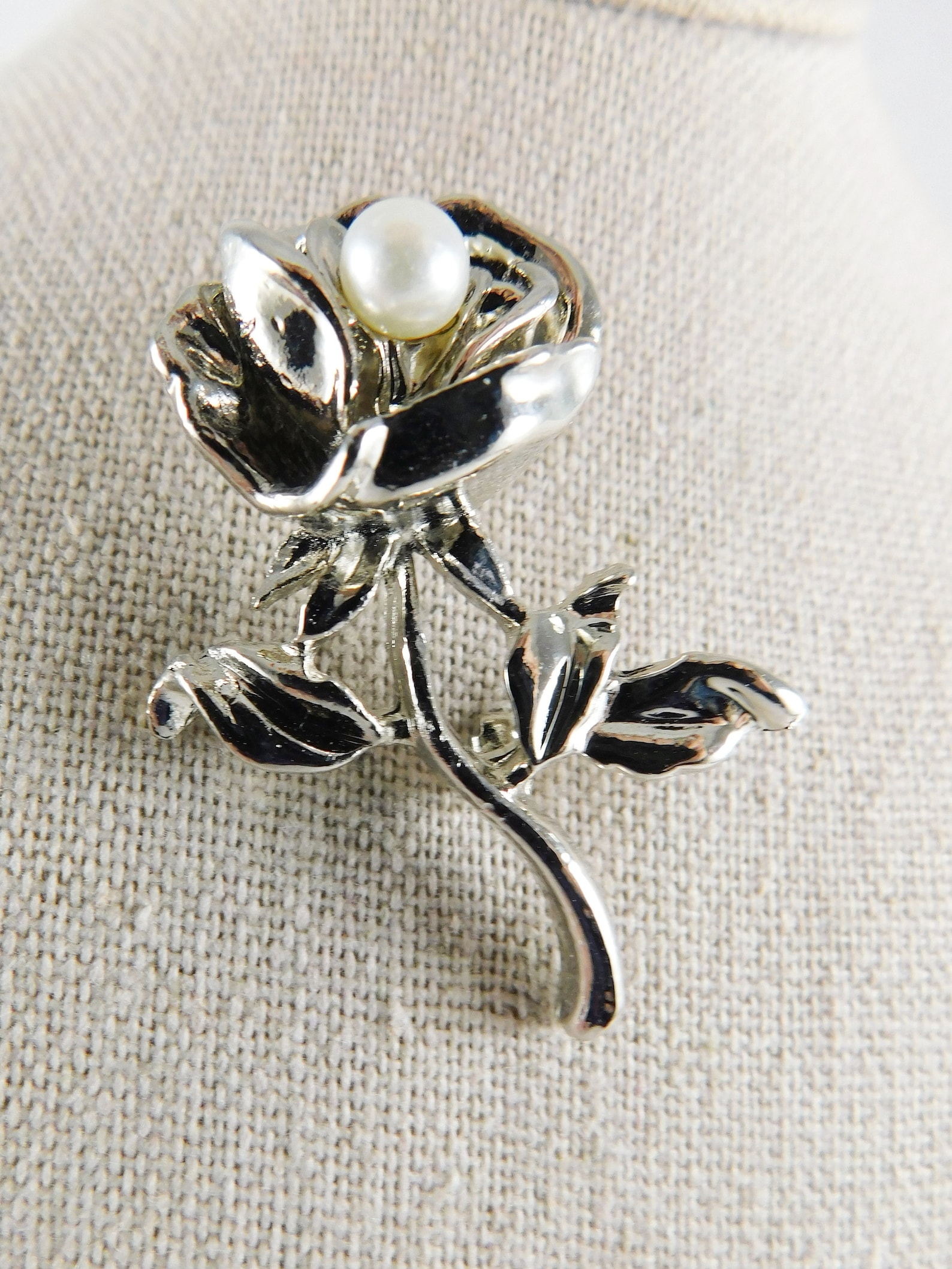 Silver Single Long Stemmed Rose Brooch W/faux Pearl Center, Sweetheart ...