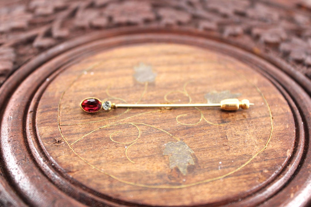 Faux Ruby/diamond Oval Stick Pin, 1930's, Brass/rhinestone/crystal ...