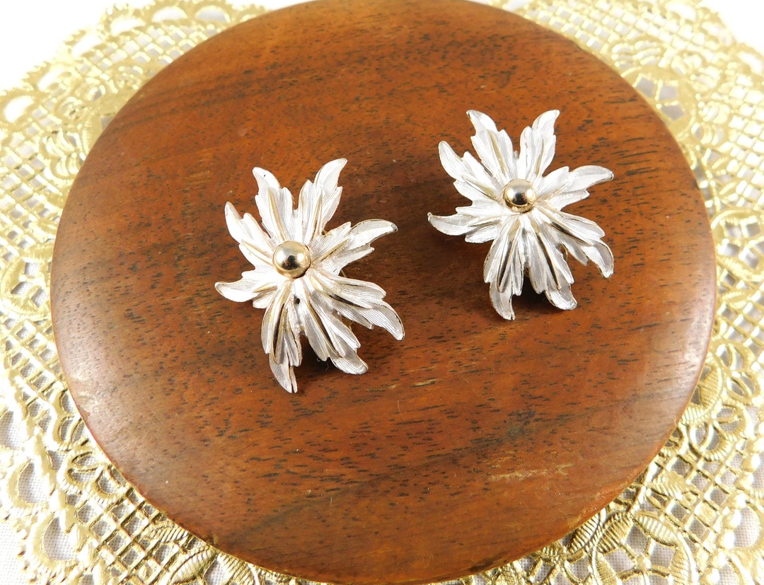 Shimmery Silvery White Over Gold Floral Clip-ons, Vintage 80's, Silver Ball Centers, Floral ...