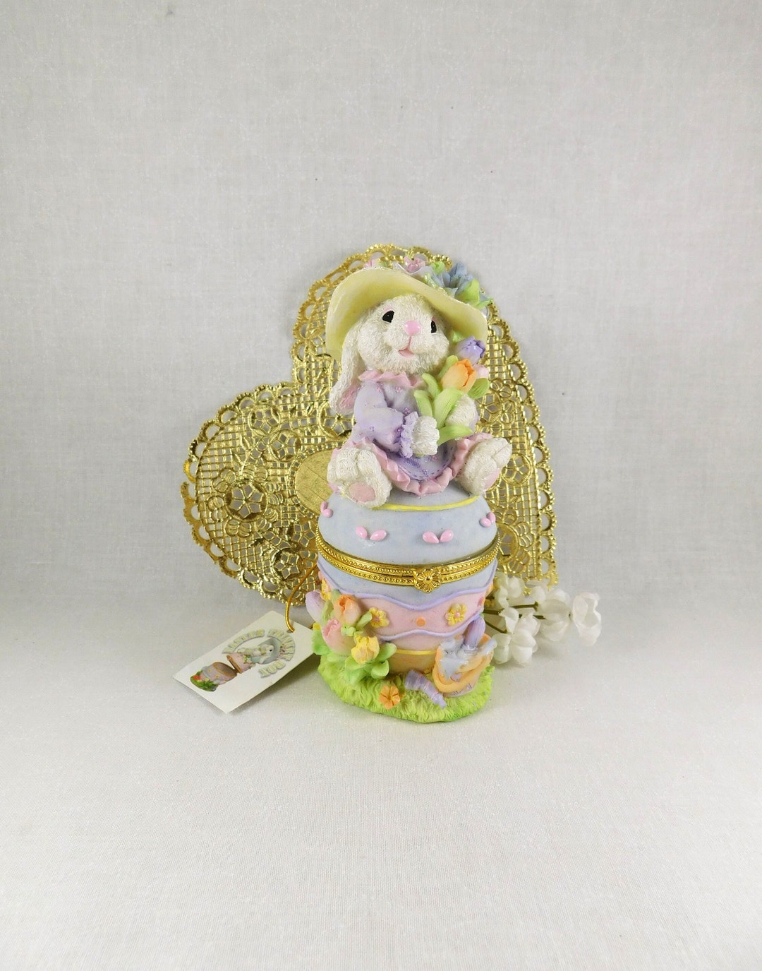 Figural Easter Bunny Trinket Box, White Rabbit Sitting on Egg & Dressed ...
